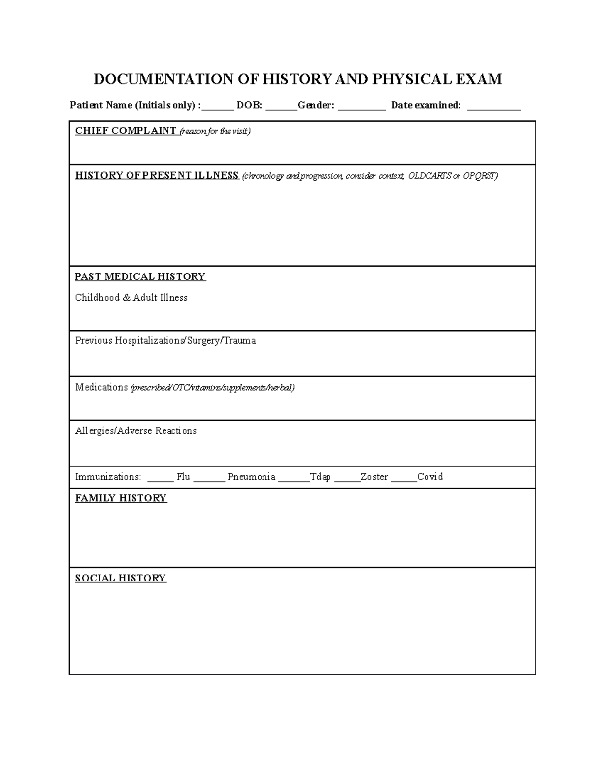 H&P Template - History physical - DOCUMENTATION OF HISTORY AND PHYSICAL ...