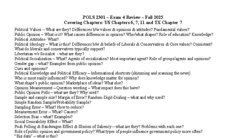 POLS 2301 Exam 4 Review F25: Key Concepts in Political Values & Media ...