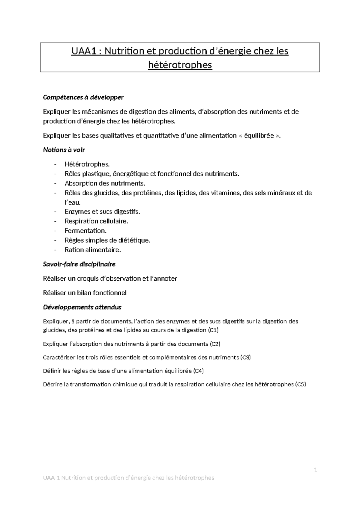 UAA1 : Nutrition et Énergie chez les Hétérotrophes - Notes de Cours ...
