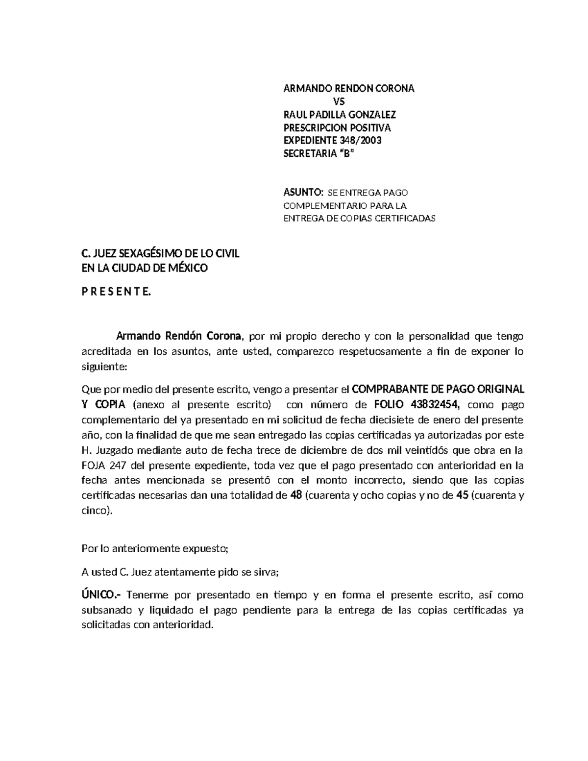 PAGO Complementario para Copias Certificadas - Armando Rendón Corona ...