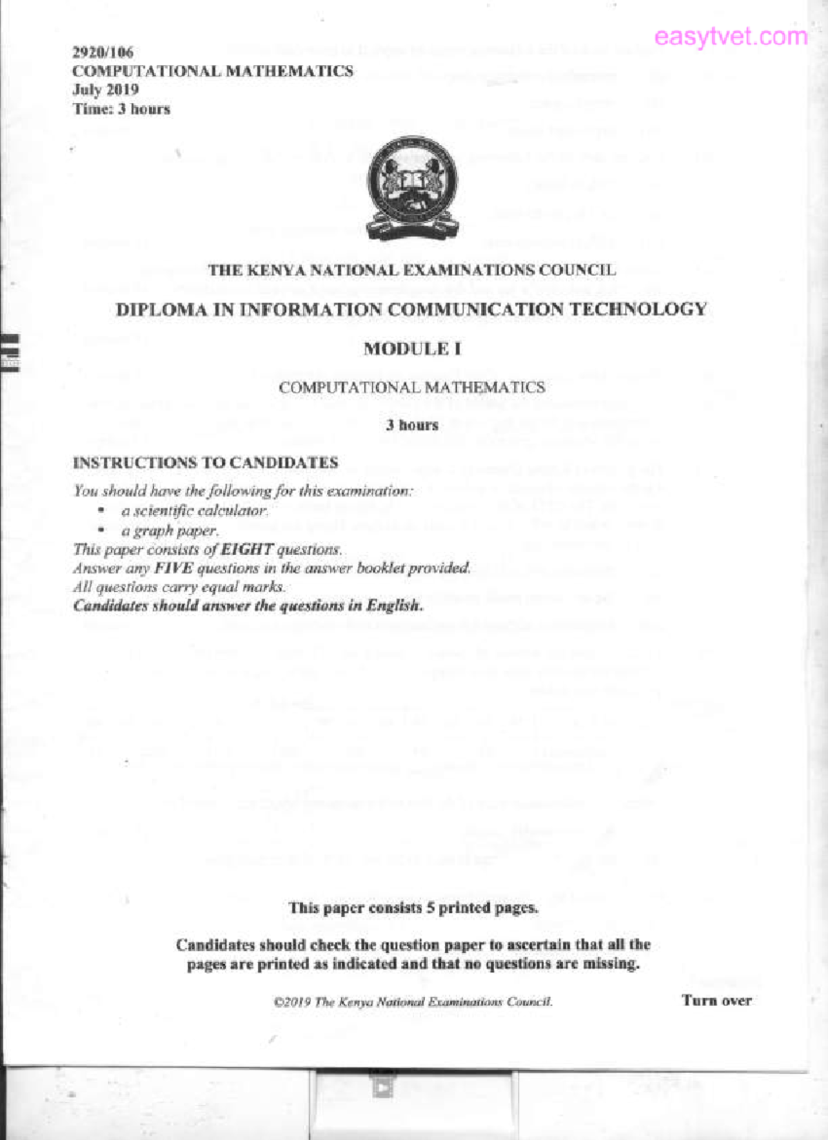 Diploma in ICT: July 2019 Computational Mathematics Exam Guide - Studocu