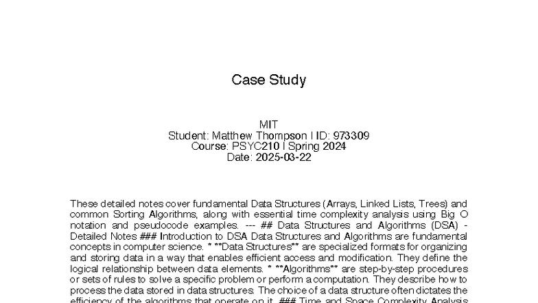 Case Study PSYC210: DSA Fundamentals & Time Complexity Analysis - Studocu