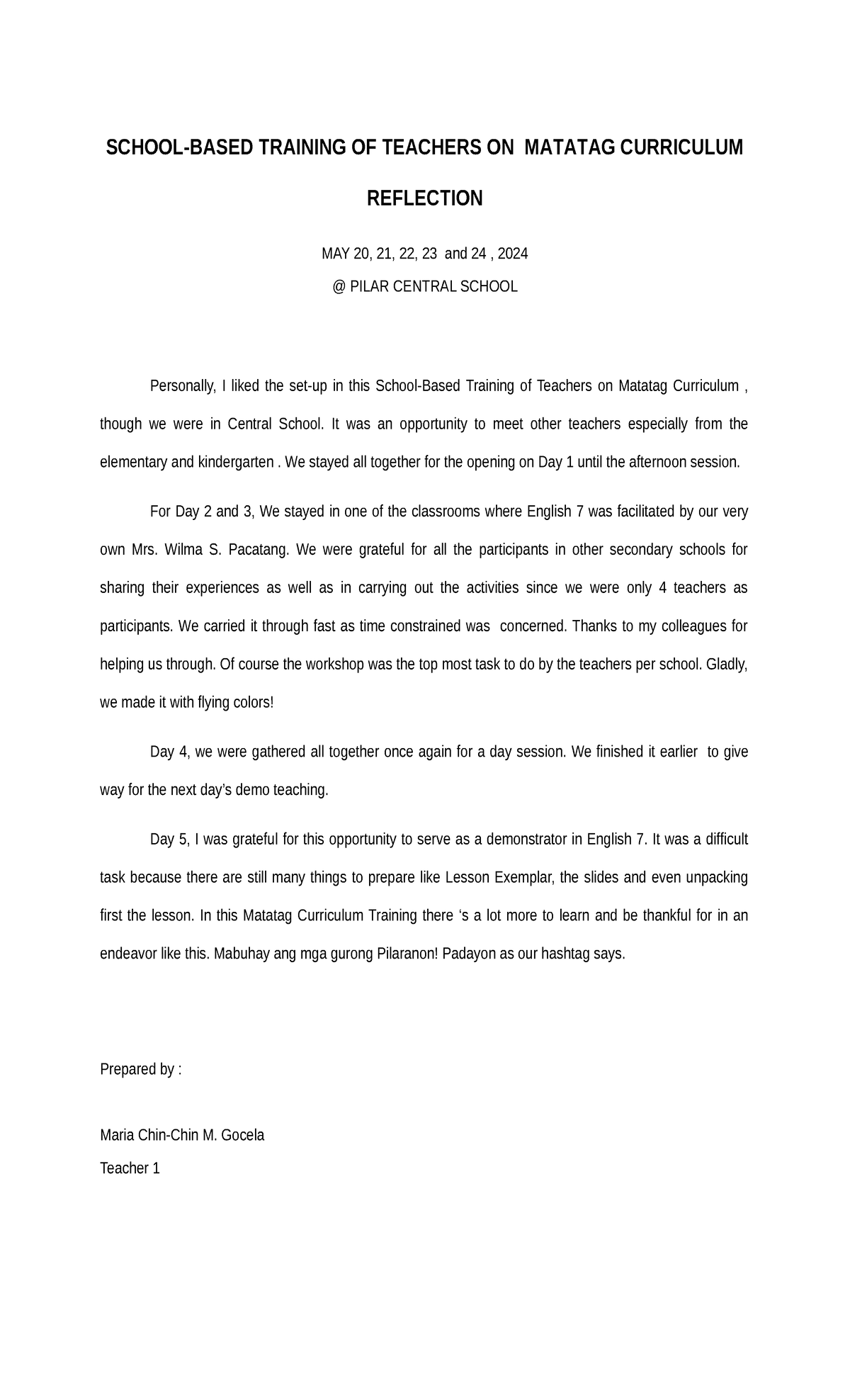 Reflection on School-Based Training for Matatag Curriculum (2023) - Studocu