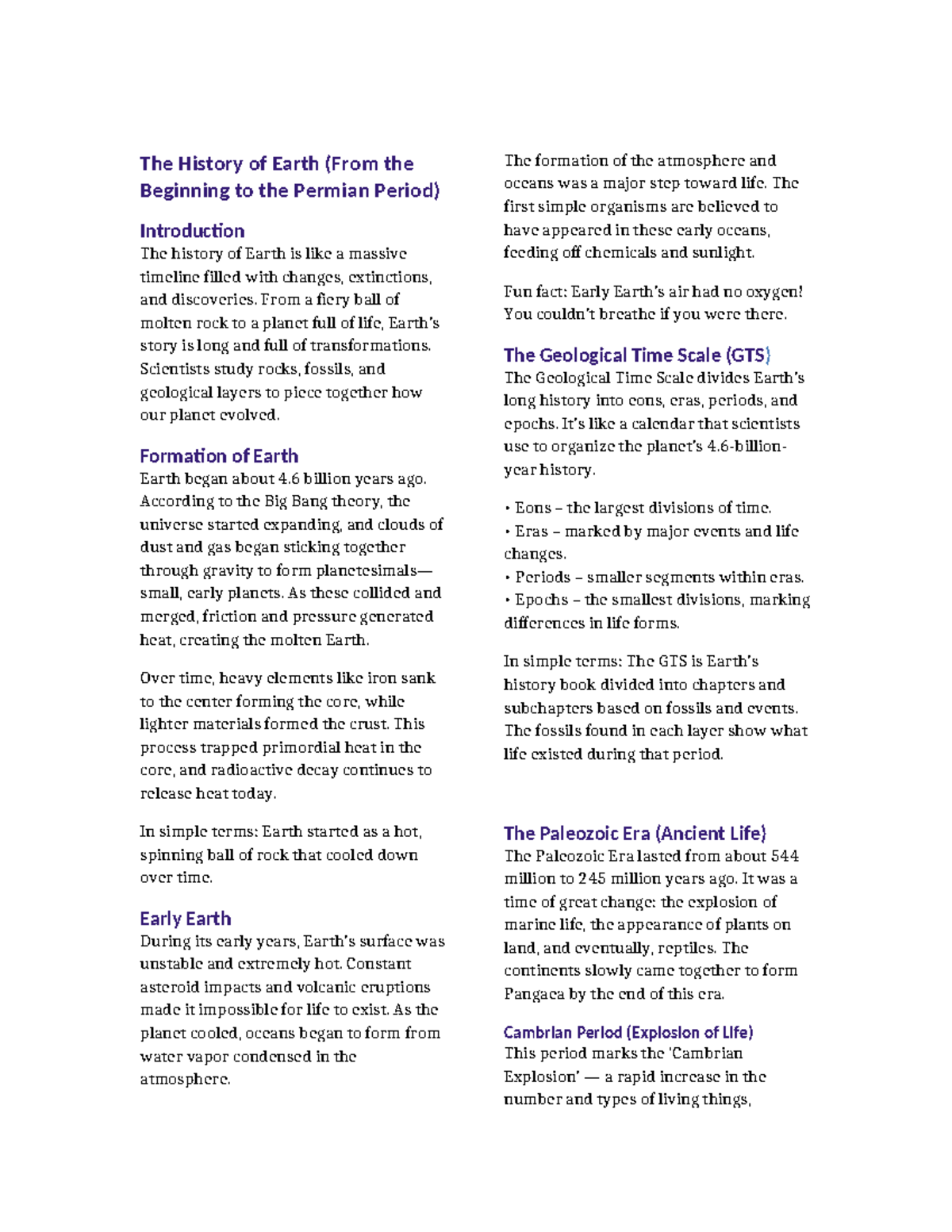 History of Earth: From Formation to the Permian Period - Studocu