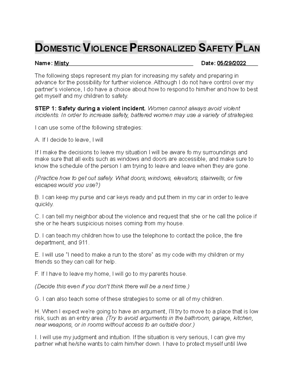 Personalized Domestic Violence Safety Plan Guide - Studocu