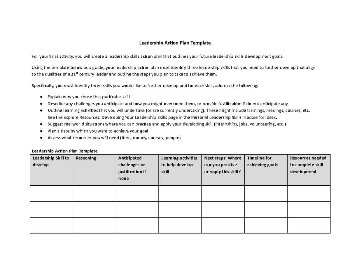 Leadership Action Plan Template - Using the template below as a guide ...