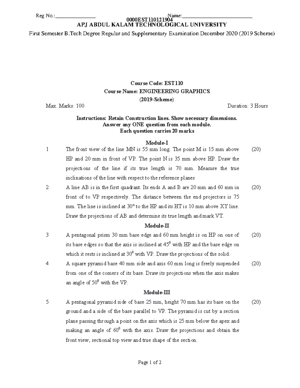 3. EST110-QP - Engineering graphics practical questions - 0000EST Page ...