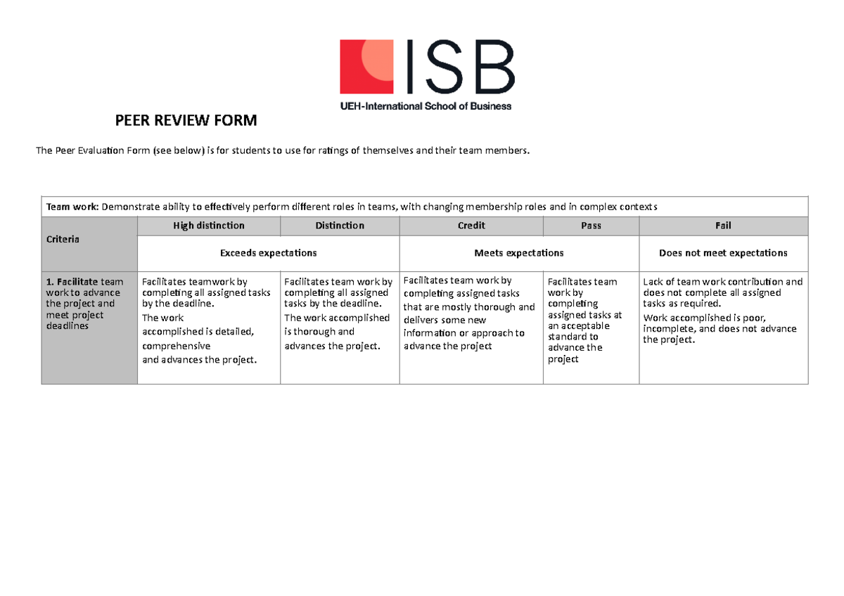 Peer Evaluation Form for Teamwork Assessment (PA-PEER) - Studocu