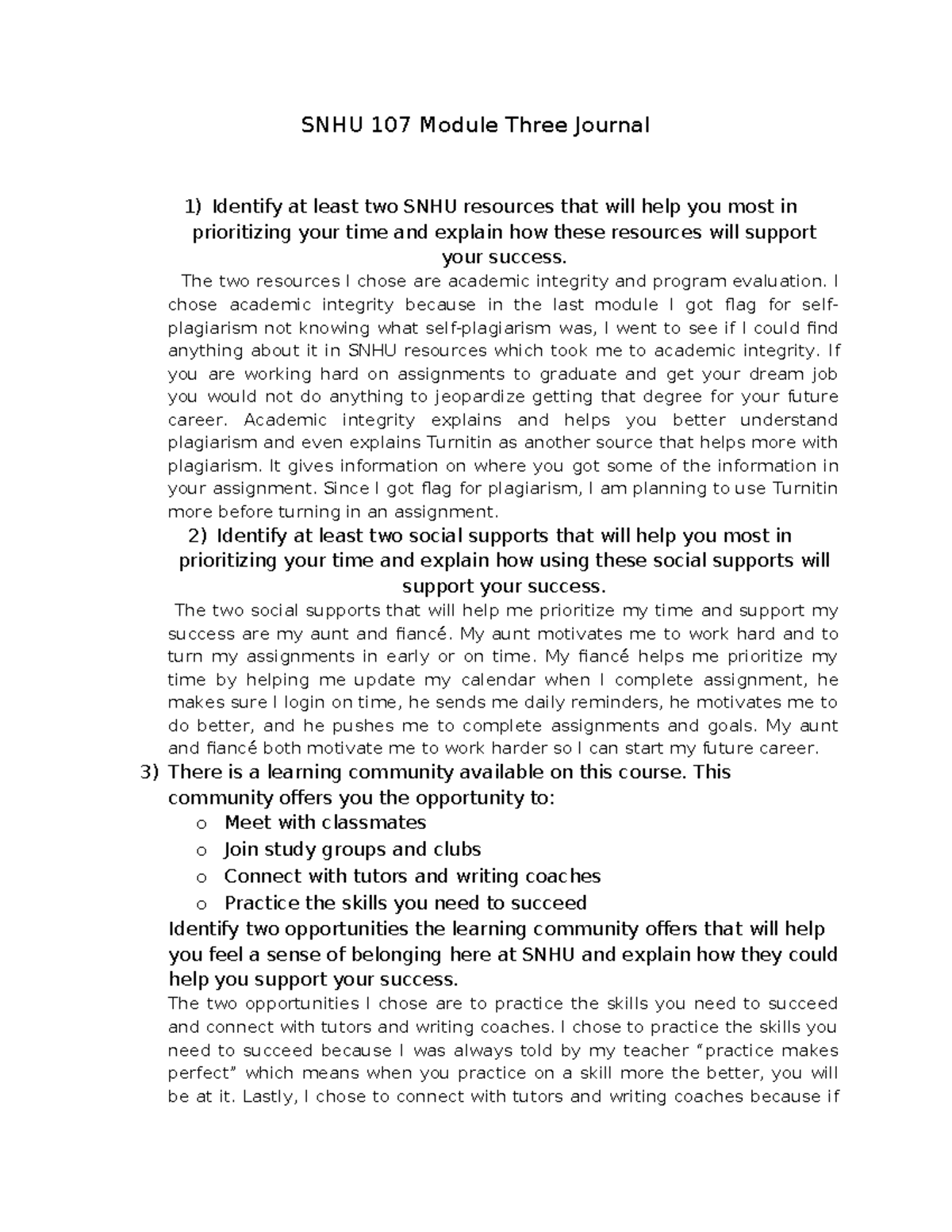 SNHU 107 Module Three Journal: Time Prioritization Resources & Supports ...