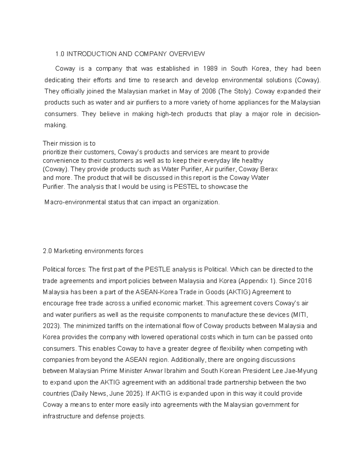 BBDT1013 Principles of Marketing: PESTEL Analysis of Coway's Strategy ...