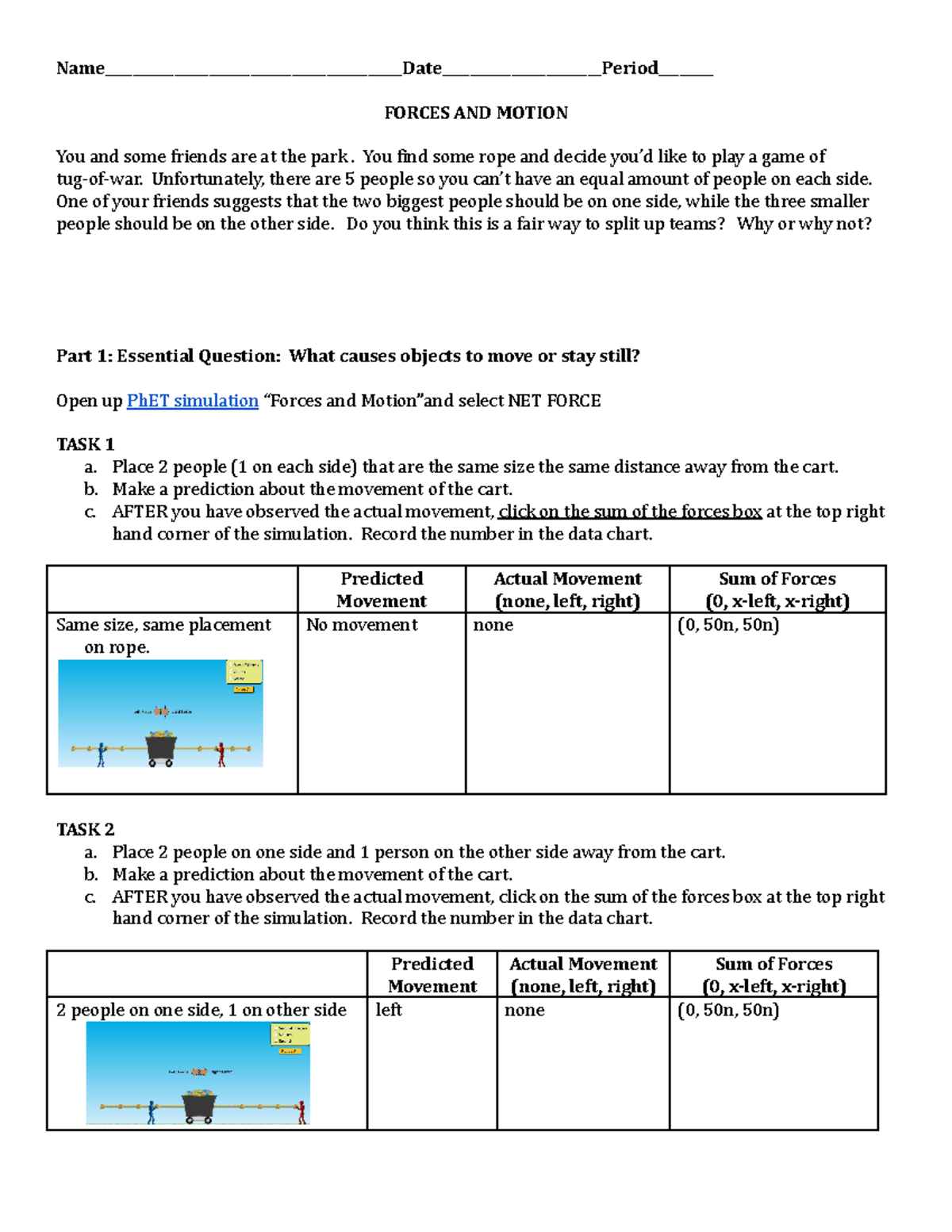 Forces and Motion Handout - PHET Simulation Activities - Studocu