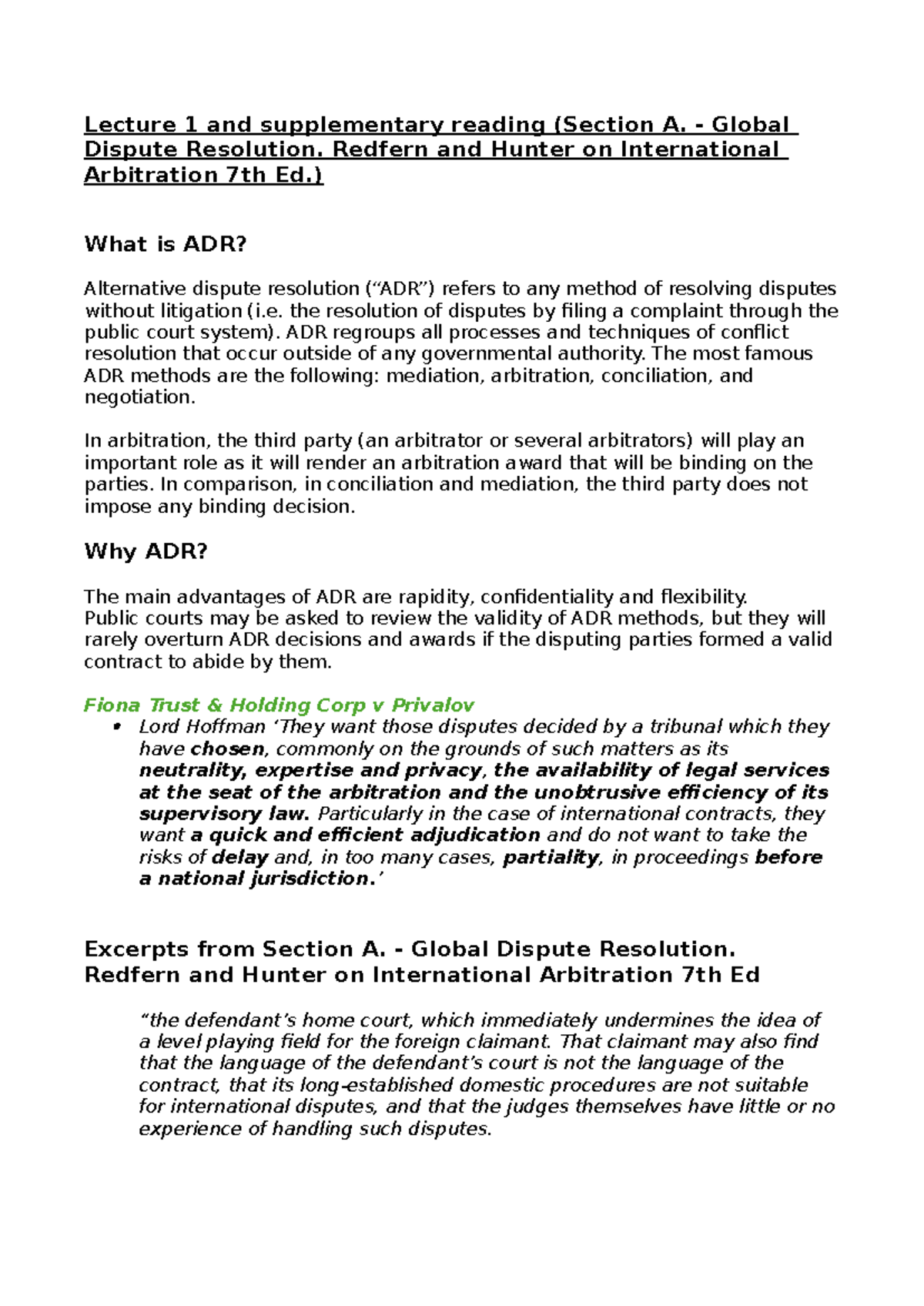 L1: Overview of International Commercial Arbitration and ADR - Studocu