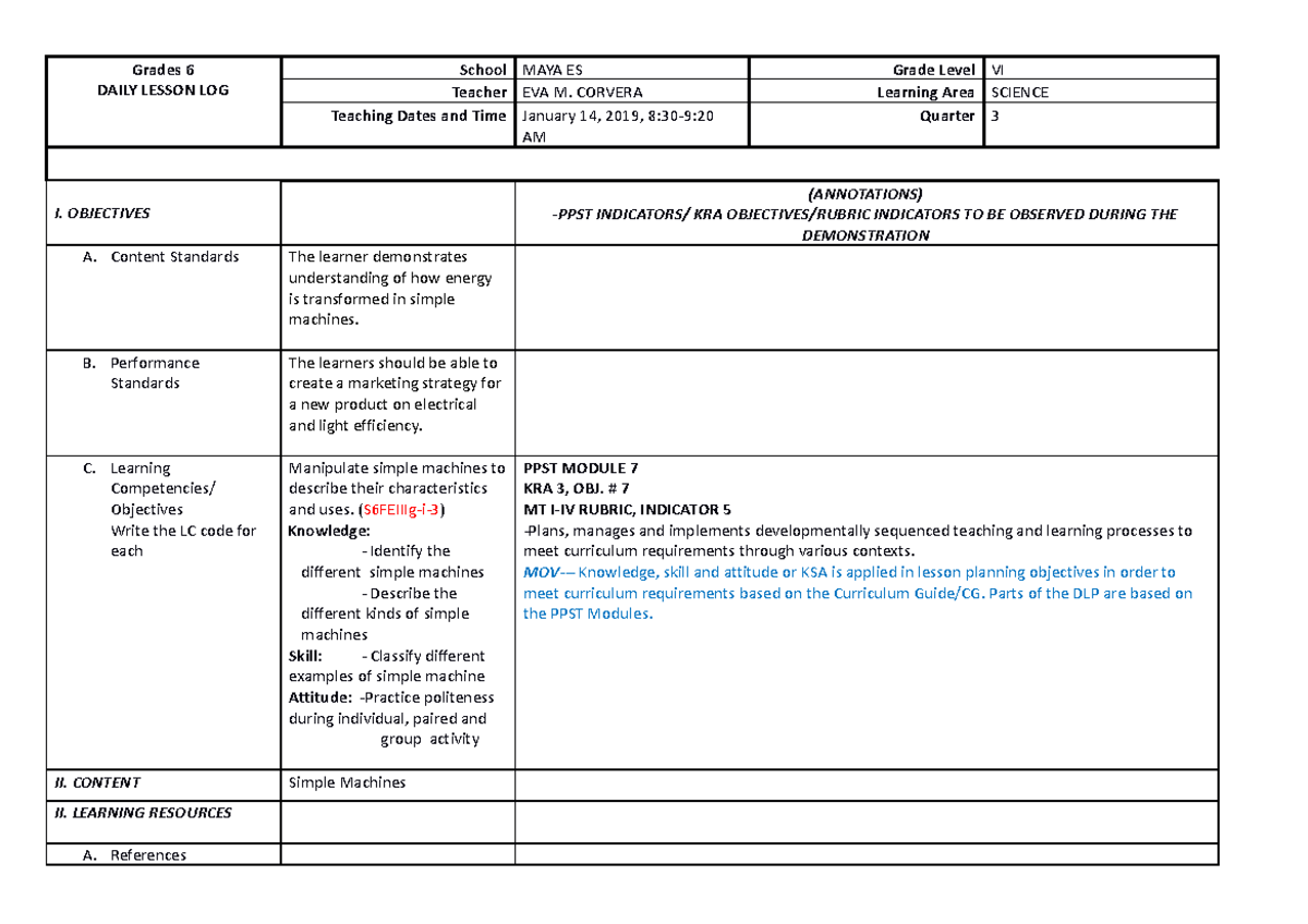 COT DLP Science 6: Daily Lesson Log on Simple Machines with Annotations - Studocu