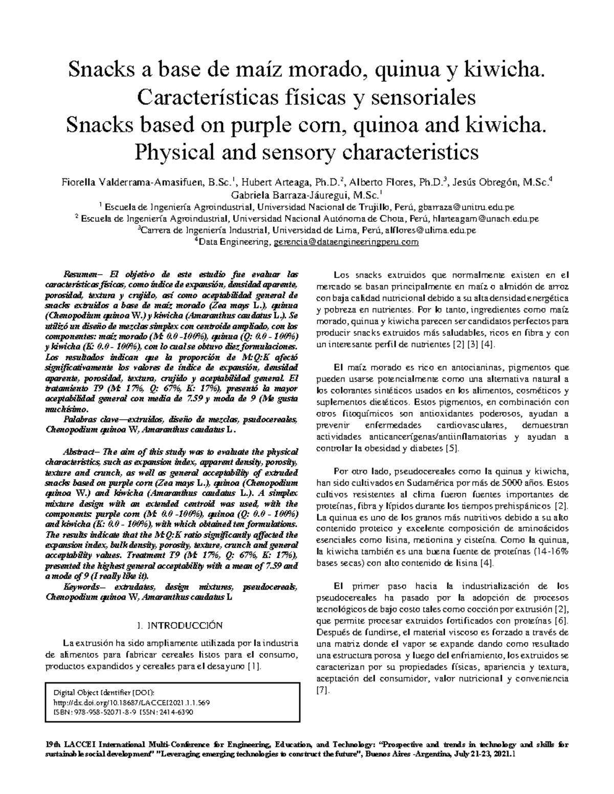 FP569 - Análisis de Snacks Extruidos de Maíz Morado, Quinua y Kiwicha ...