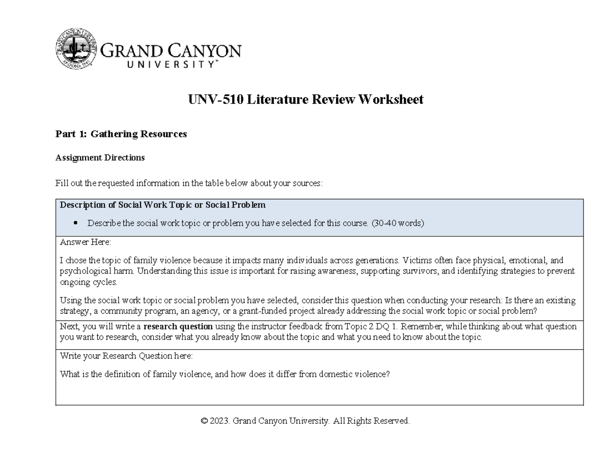 UNV-510 Literature Review Worksheet: Family Violence Research Analysis ...