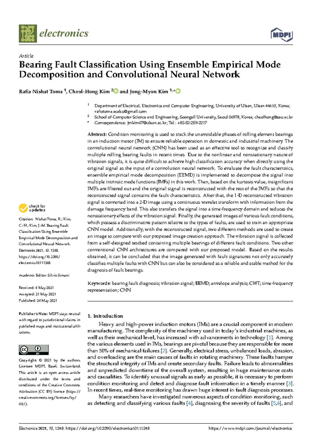 Bearing Fault Classification Using EEMD and CNN in Electronics 10 01248 ...