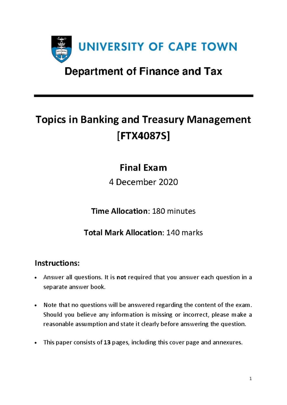 FIN 401 Topics in Banking & Treasury Management Final Exam 2020 - Studocu