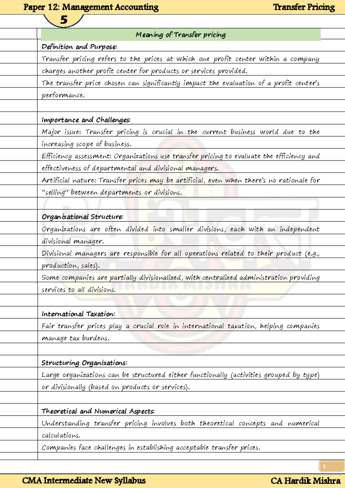 CMA Intermediate Paper 12: Management Accounting Transfer Pricing ...