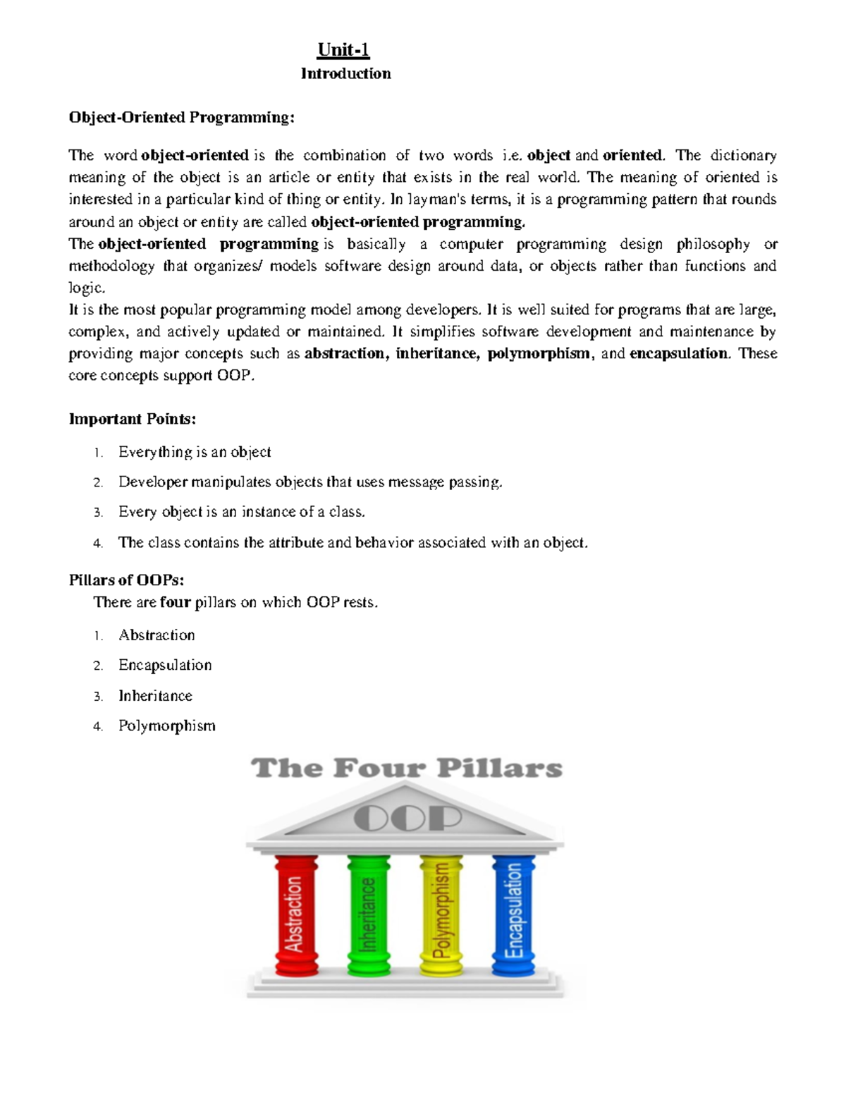 OOPS UNIT-1: Comprehensive Overview of Object-Oriented Programming - Studocu