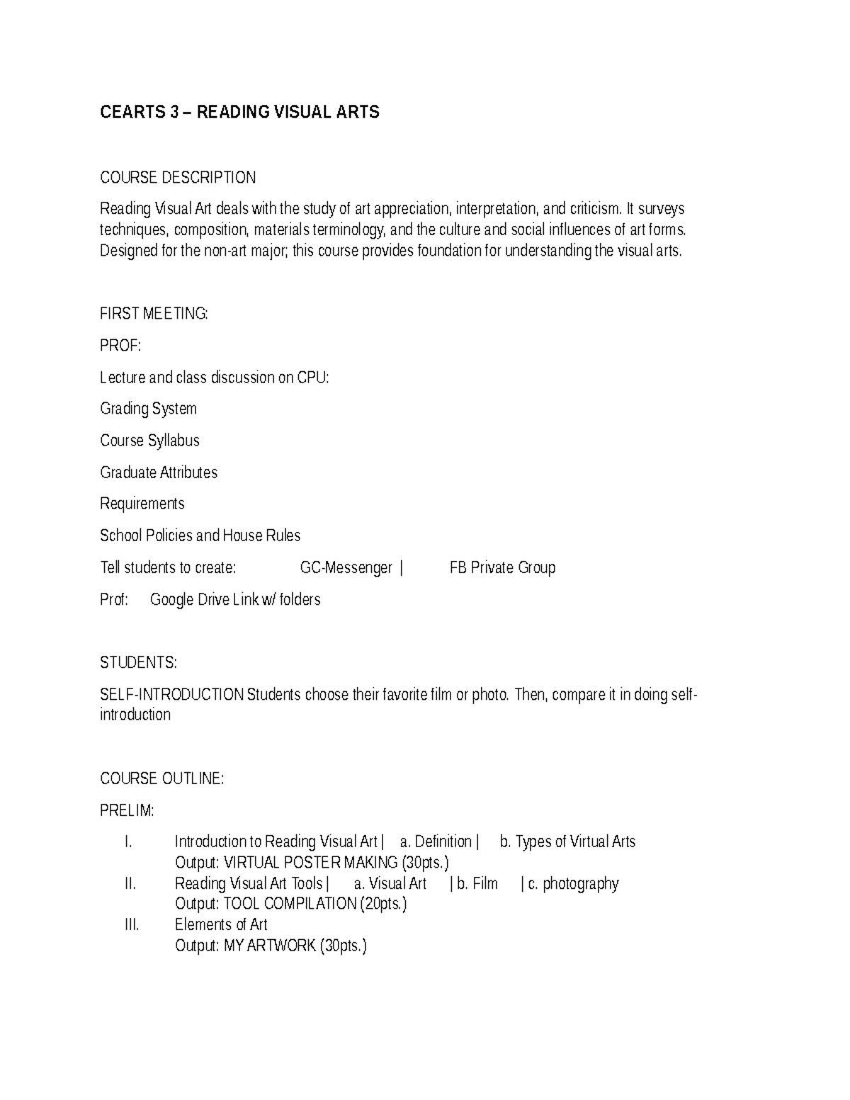 CEARTS 3 - Course Outline for Reading Visual Arts Lecture - Studocu