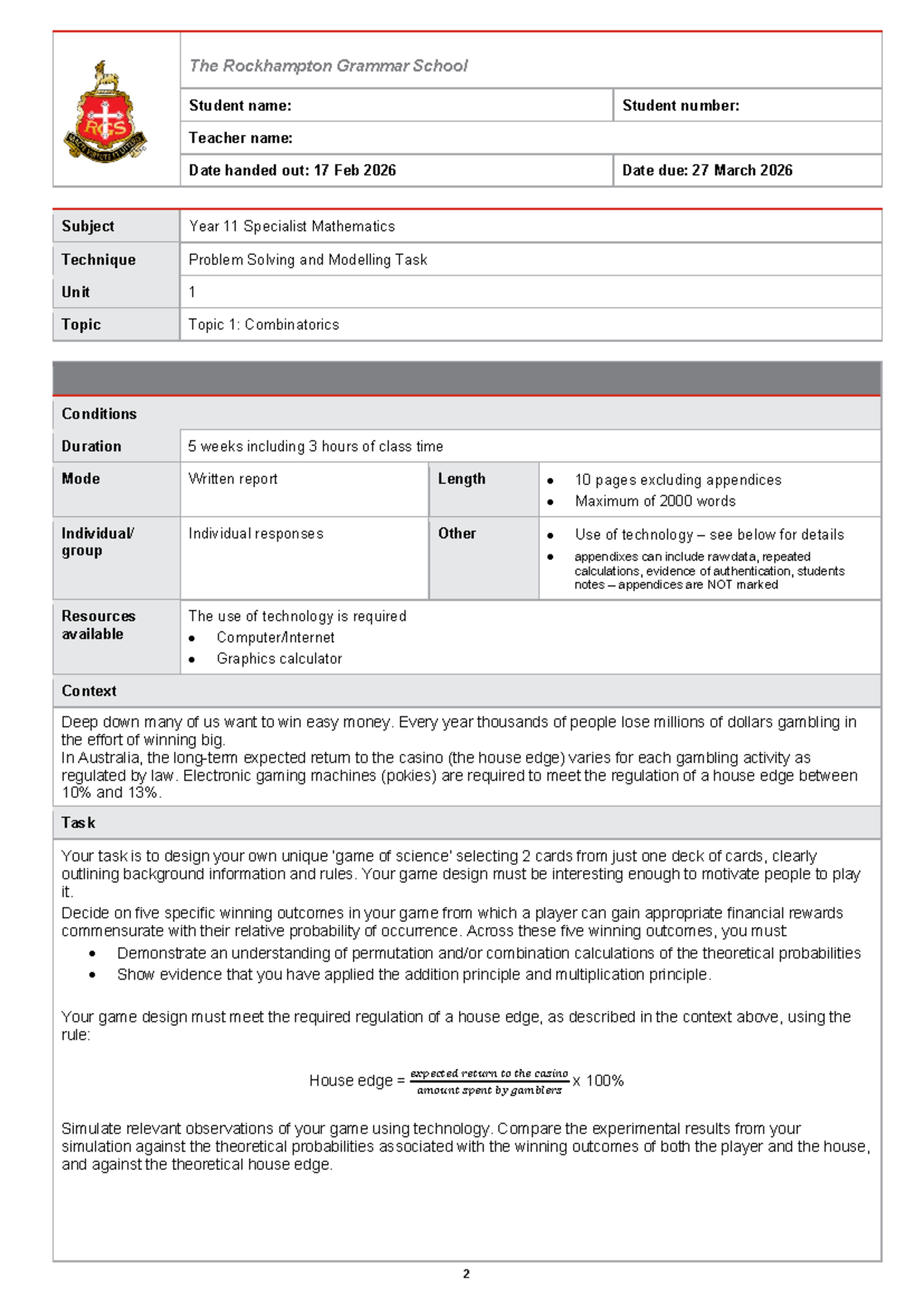 Unit 1 11 Specialist Mathematics PSMT: Combinatorics Game Design Task ...