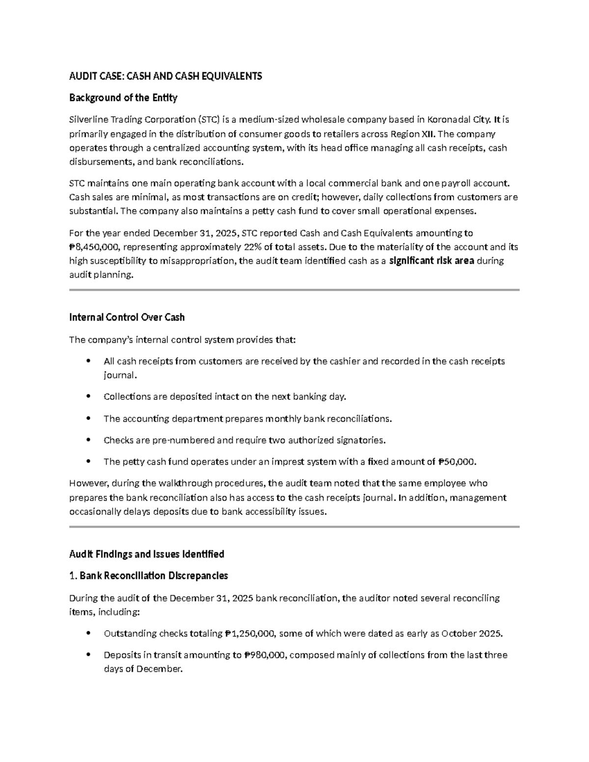 AUDIT CASE: CCE & CASH MANAGEMENT ISSUES AT STC - Studocu