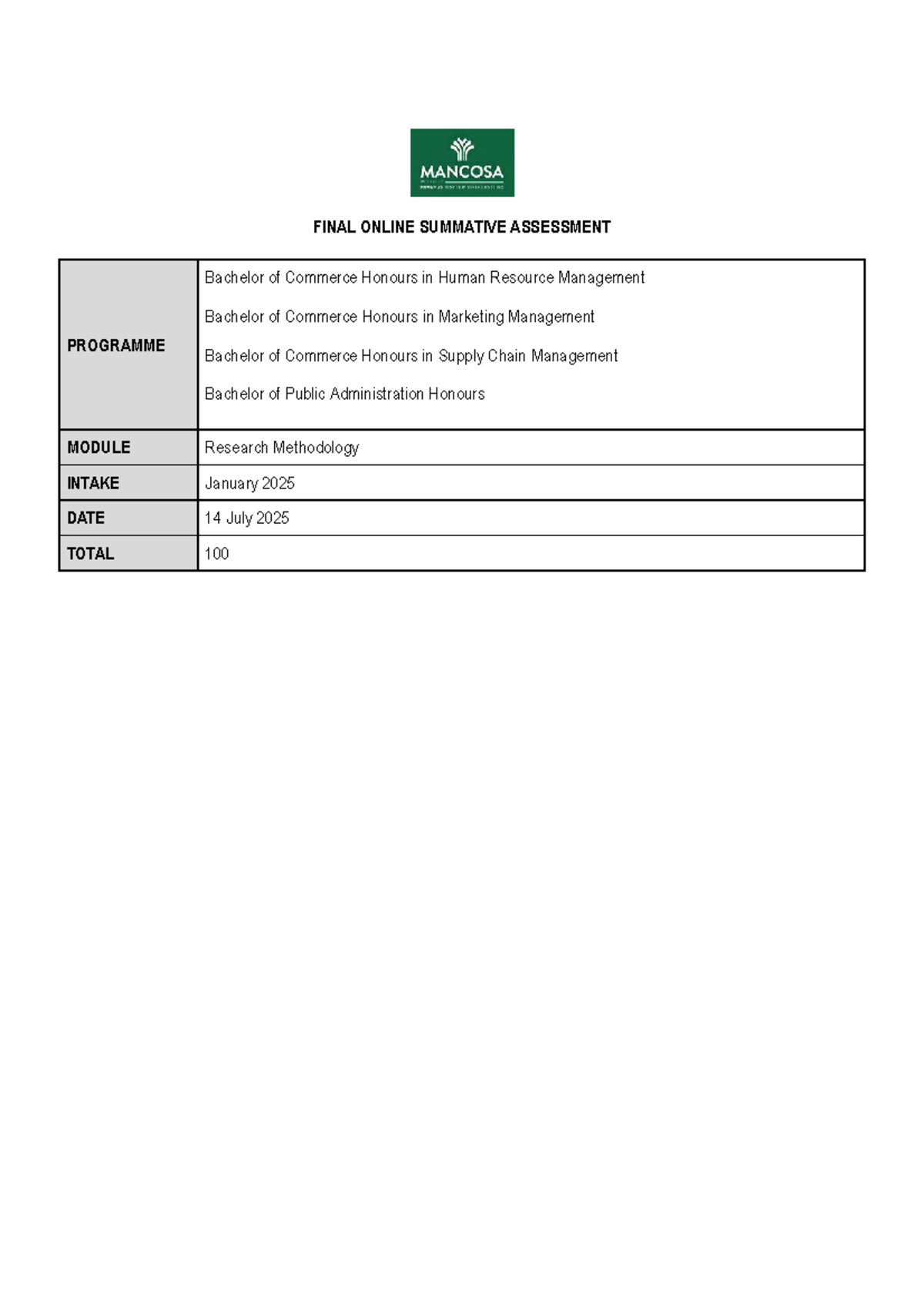 FINAL ONLINE SUMMATIVE ASSESSMENT: BCom Honours in HRM & Marketing - Research - Studocu