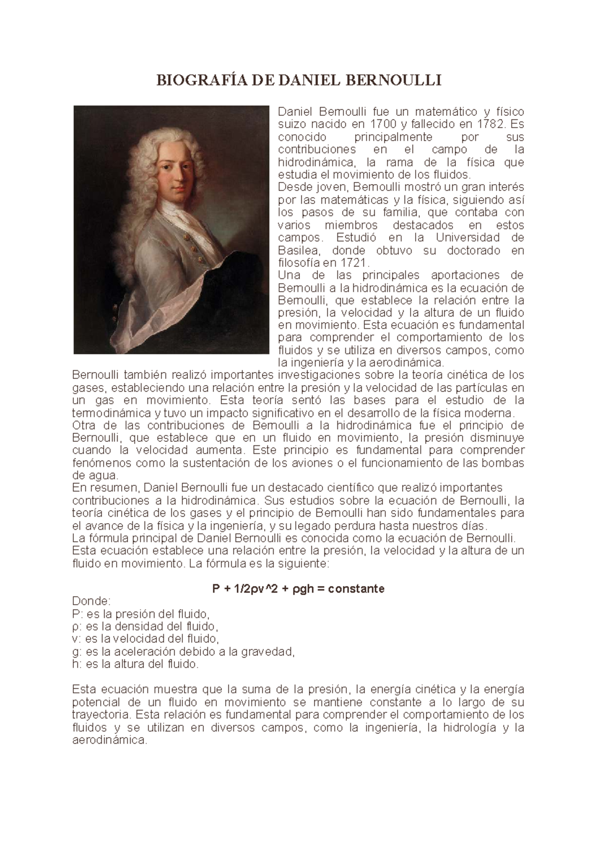 BIOGRAFÍA DE DANIEL BERNOULLI: APORTES A LA HIDRODINÁMICA - Studocu