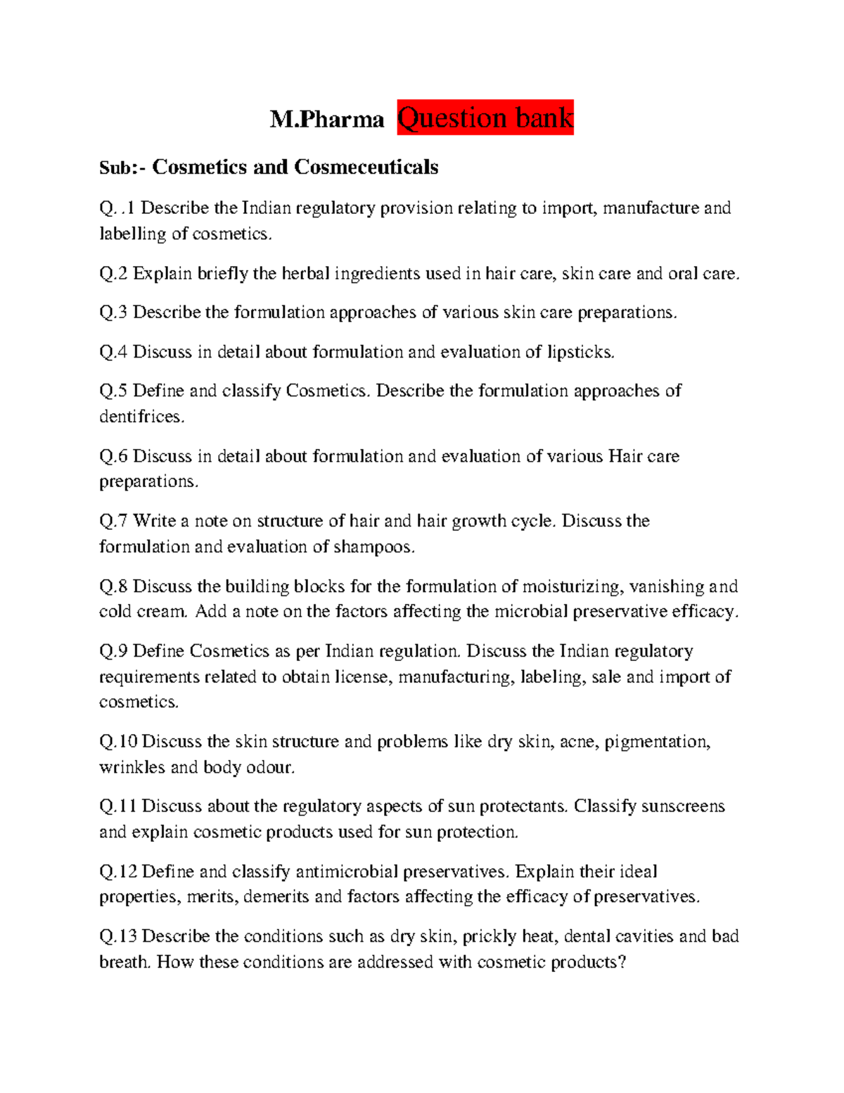 M.Pharma Final Exam Question Bank: Cosmetics & Cosmeceuticals - Studocu