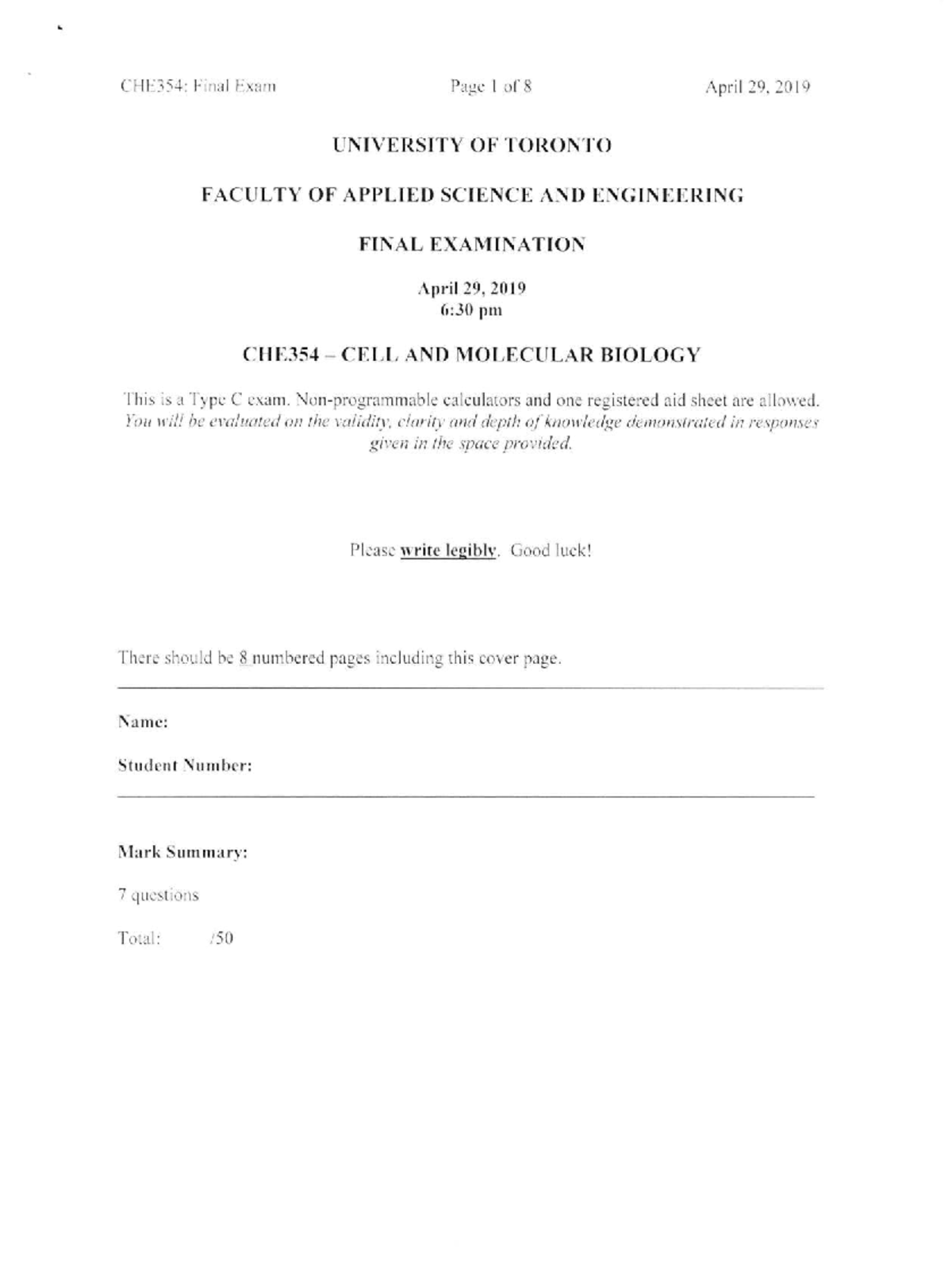 C11E354 Final Exam: Cell and Molecular Biology - April 29, 2019 - Studocu