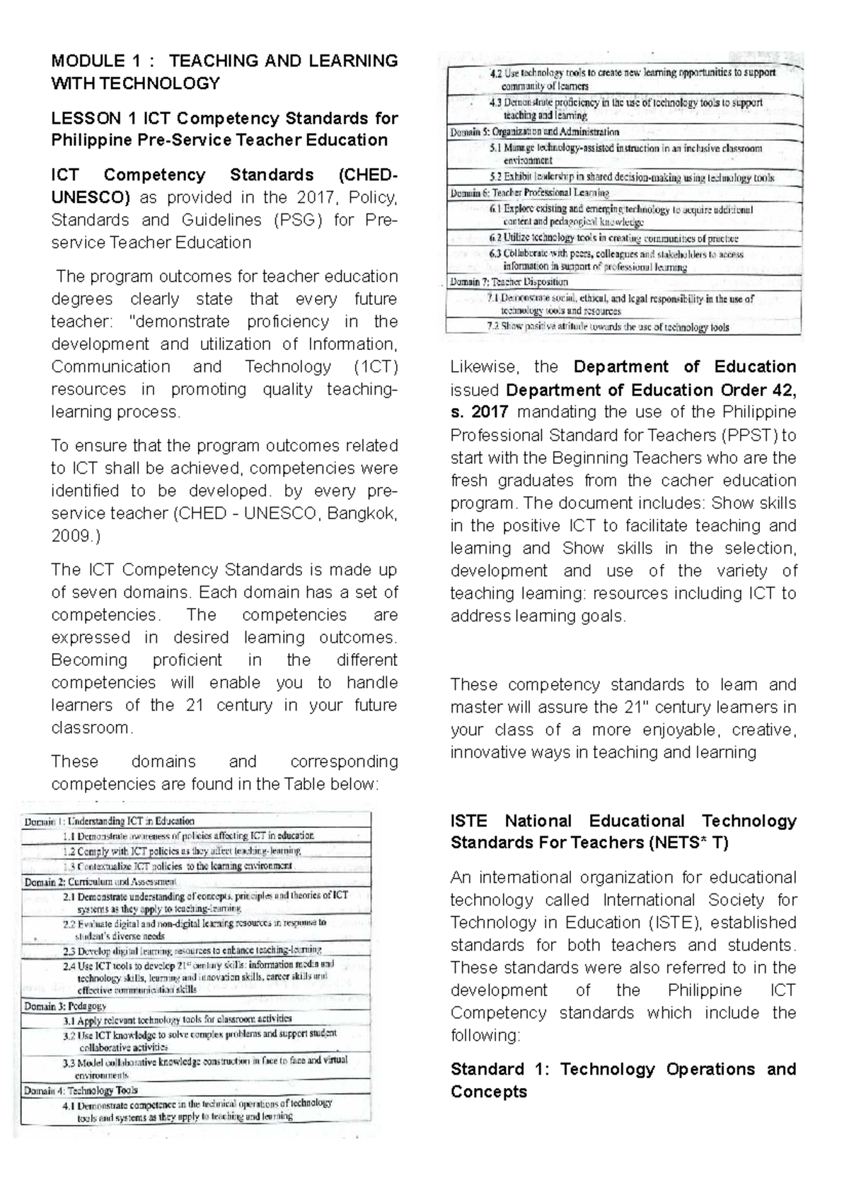 MODULE 1: TEACHING & LEARNING WITH TECHNOLOGY - LESSON 1 ICT Competency - Studocu