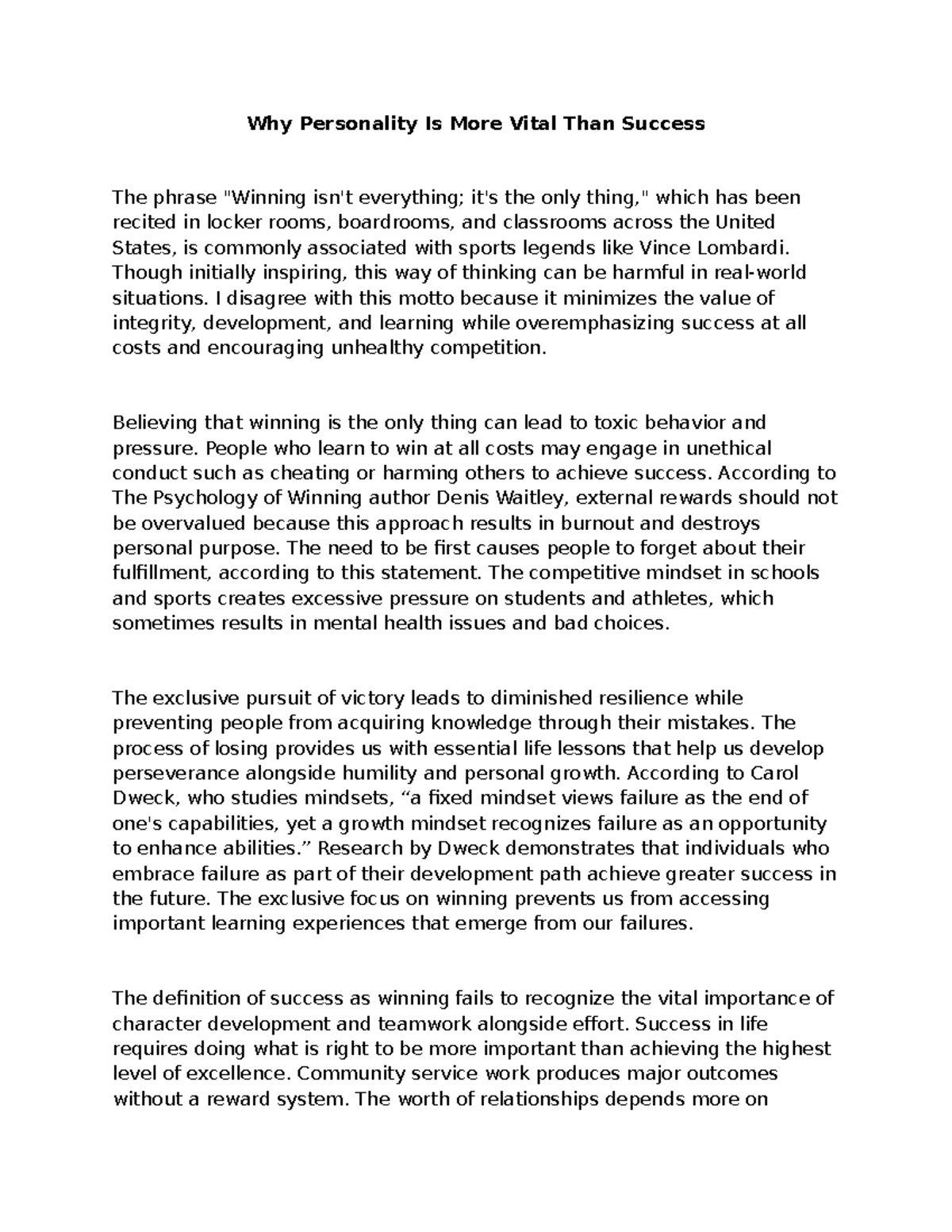 Persuasive Essay: The Importance of Personality Over Success - Studocu