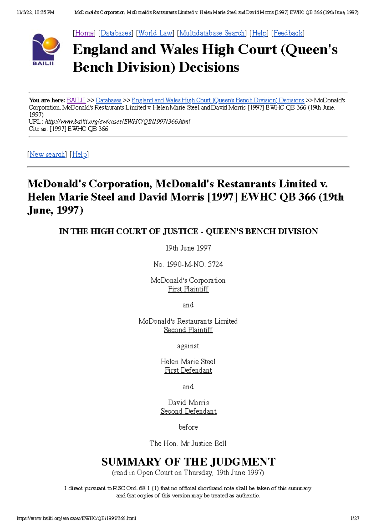 McDonald's Corp. v. Steel & Morris [1997] EWHC QB 366: Libel Case ...