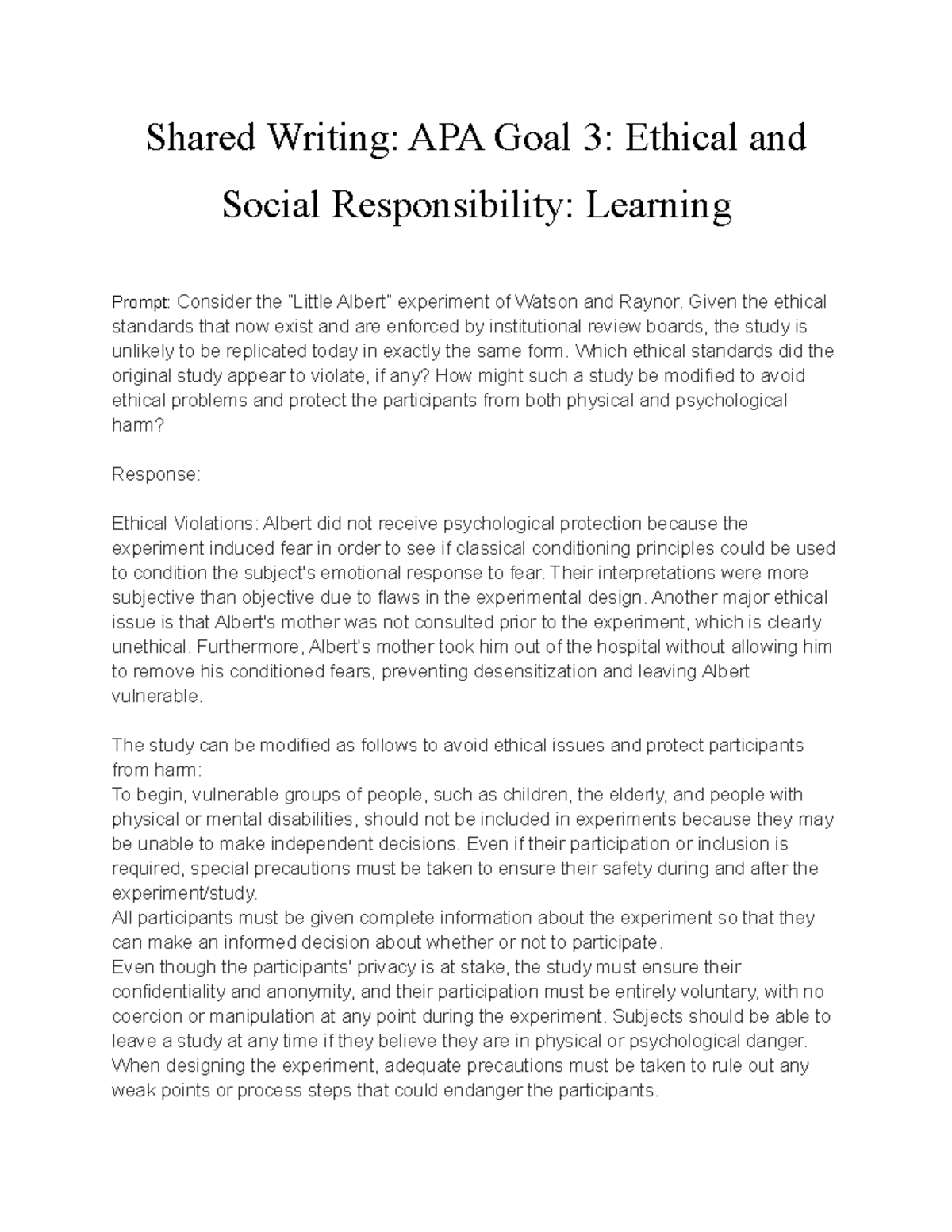 Shared Writing: APA Goal 3 - Ethical Concerns in "Little Albert" Study ...