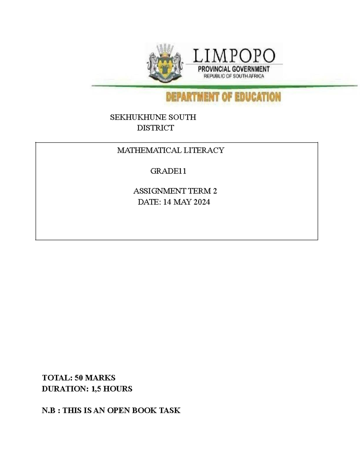 MLIT GD 11 TERM 2 Mathematical Literacy Assignment - 14 May 2024 - Studocu