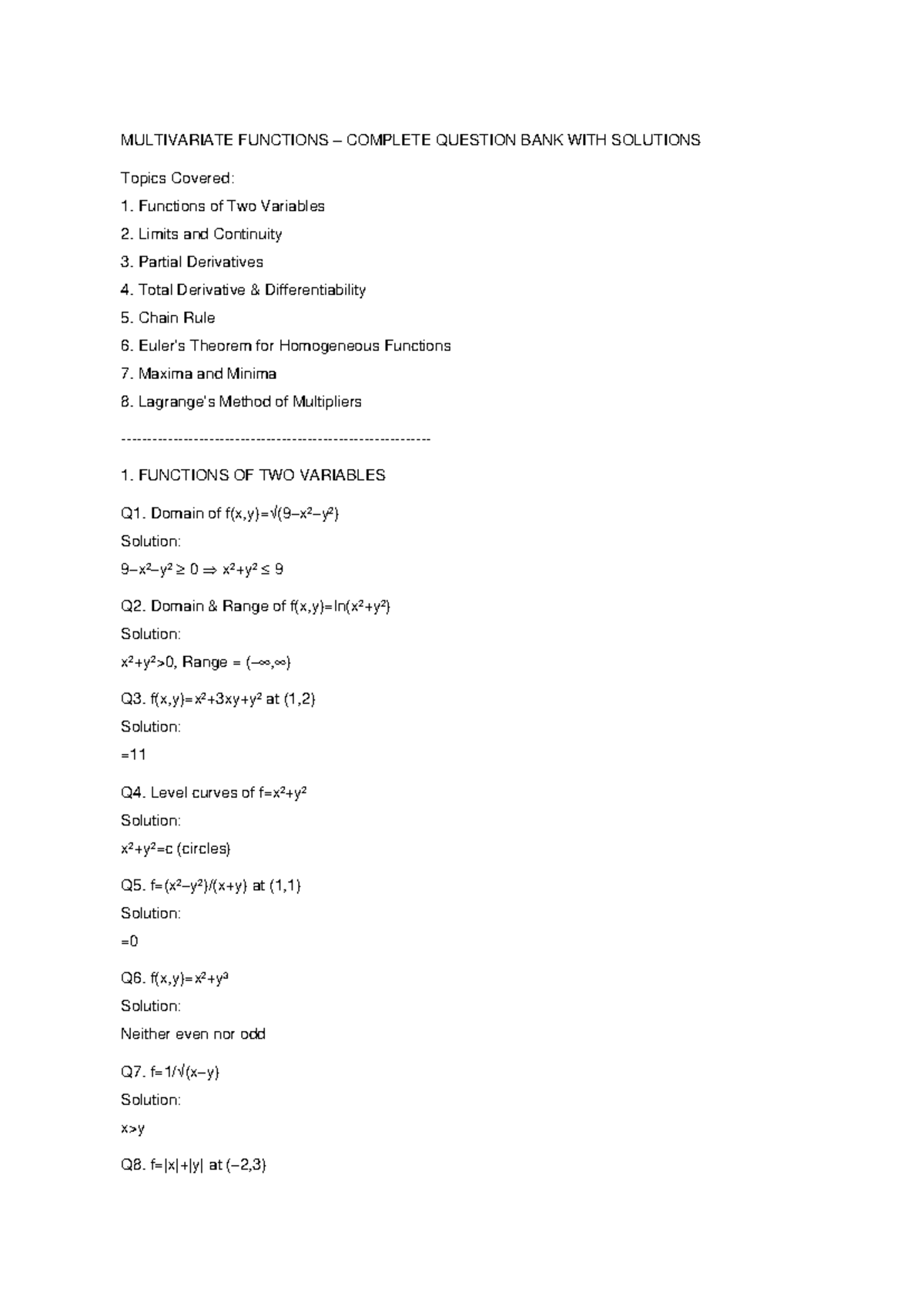 MULTIVARIATE FUNCTIONS COMPLETE Q&A BANK WITH SOLUTIONS - Studocu