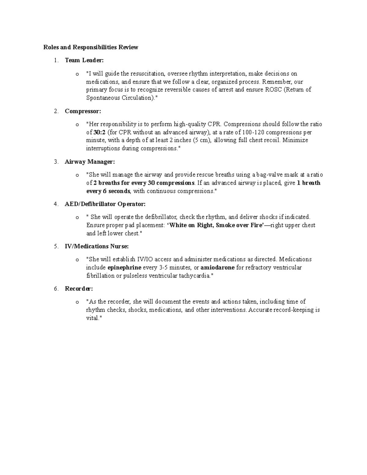 ACLS Roles & Responsibilities Guide for Team Leaders and Members - Studocu