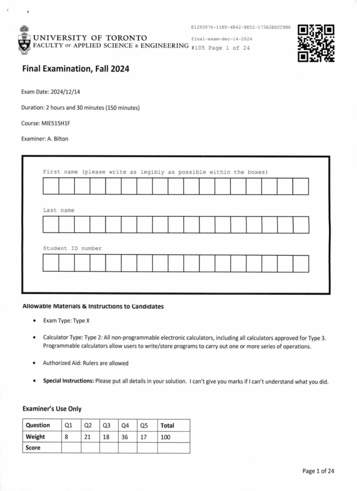 MIE515H1F 2024 Final Exam: Sustainable Energy Technologies Challenges ...