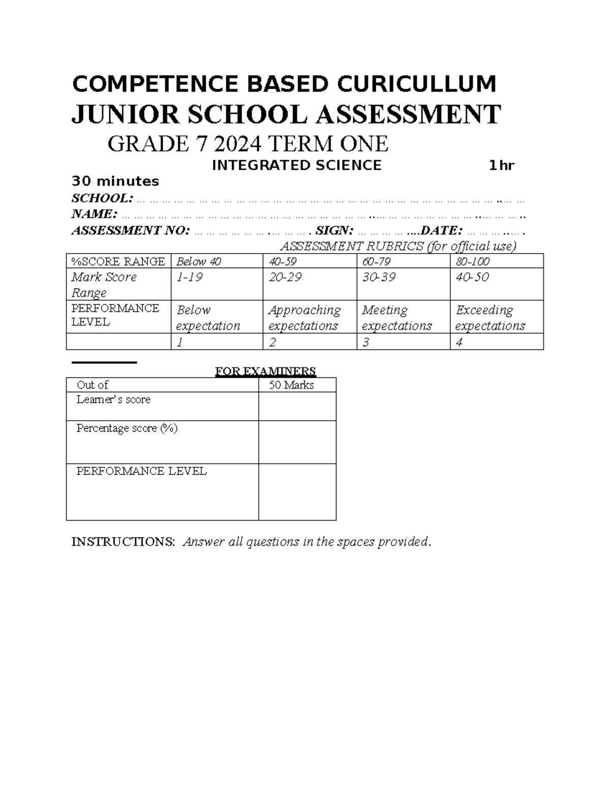 Grade 7 Integrated Science Term 1 Assessment QST 2024 - Studocu