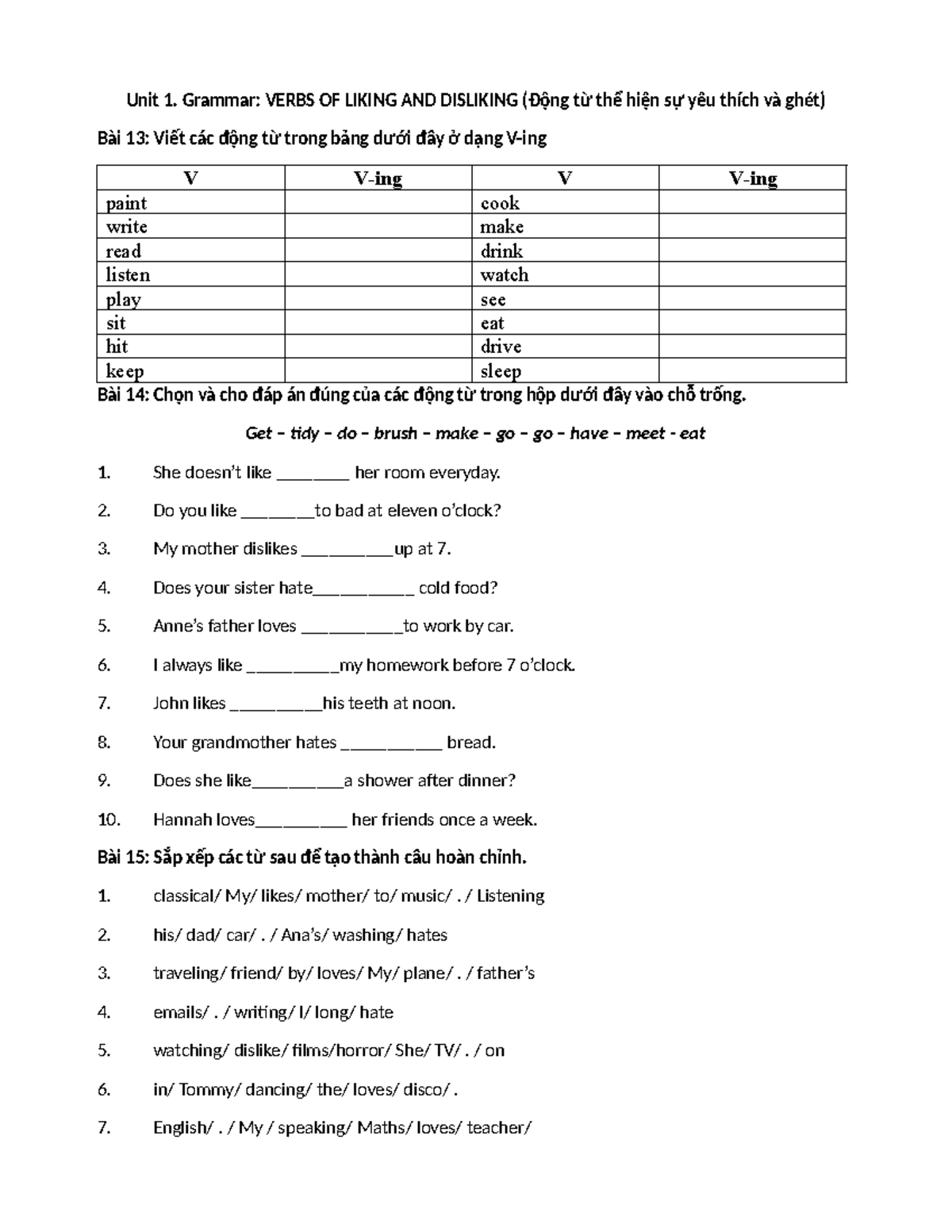 E7.U1. Grammar: Verbs of Liking and Disliking Exercises - Studocu