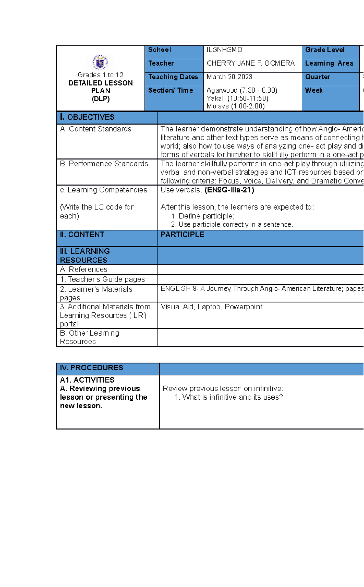 DLP: Grade 9 Lesson Plan on Participles and Their Usage - Studocu