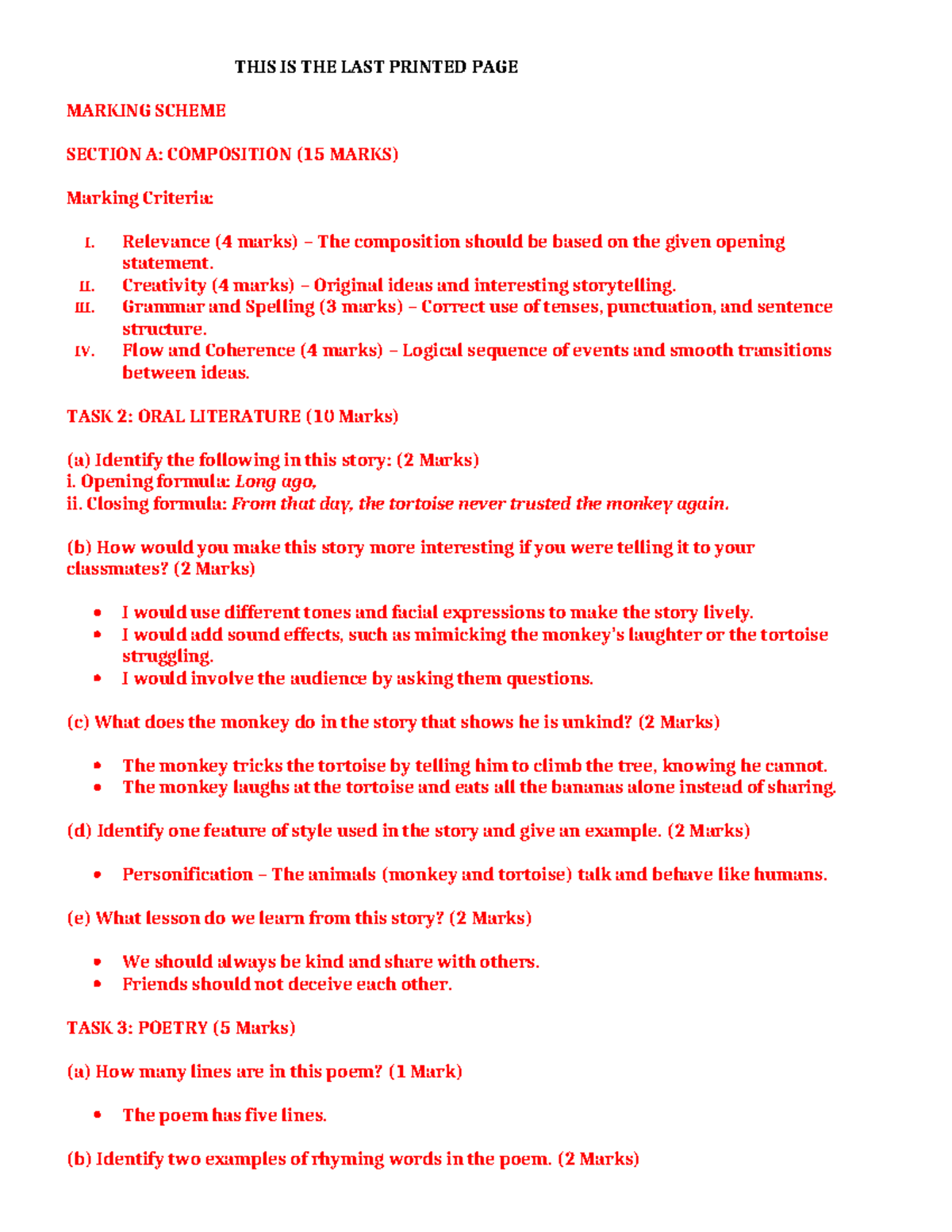 Marking Scheme for English Composition & Oral Literature (15+10 Marks ...