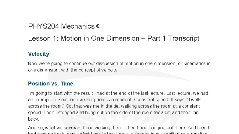 PHYS204 Mechanics Lesson 1: Motion in One Dimension Transcript - Studocu