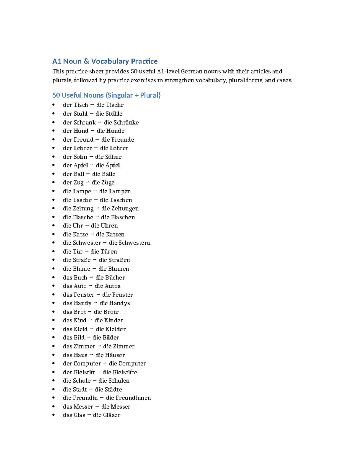 A1 Noun Vocabulary Practice - 50 Useful German Nouns - Studocu
