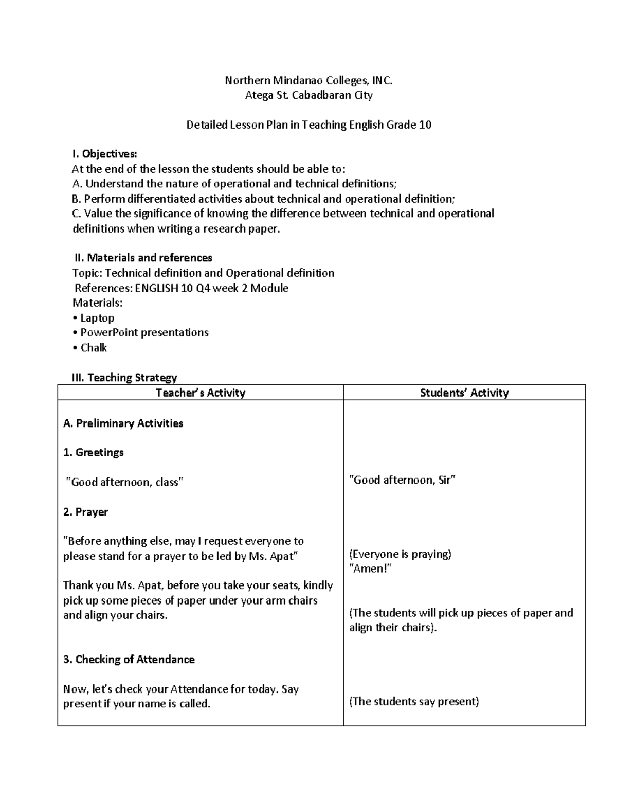 ENG 10 Q4 Week 2 Final Lesson Plan: Technical & Operational Definitions ...