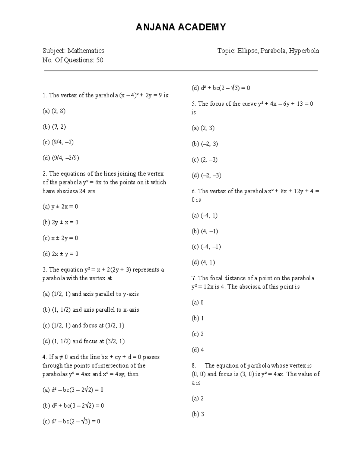 Mathematics Exam Paper: Questions on Conic Sections (ANJANA ACADEMY ...