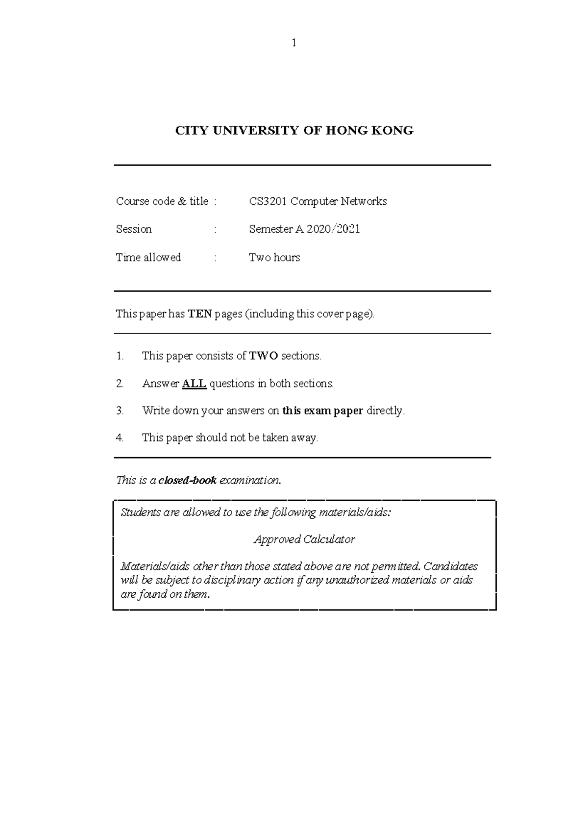 Final Exam CS3201 - Computer Networks 2020 Insights and Solutions - Studocu