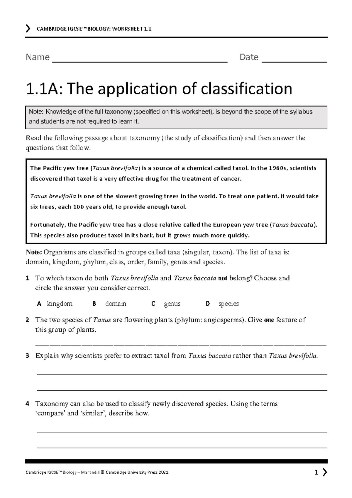 Igcse Biology 4ED: Worksheet 1.1 on Taxonomy and Classification - Studocu