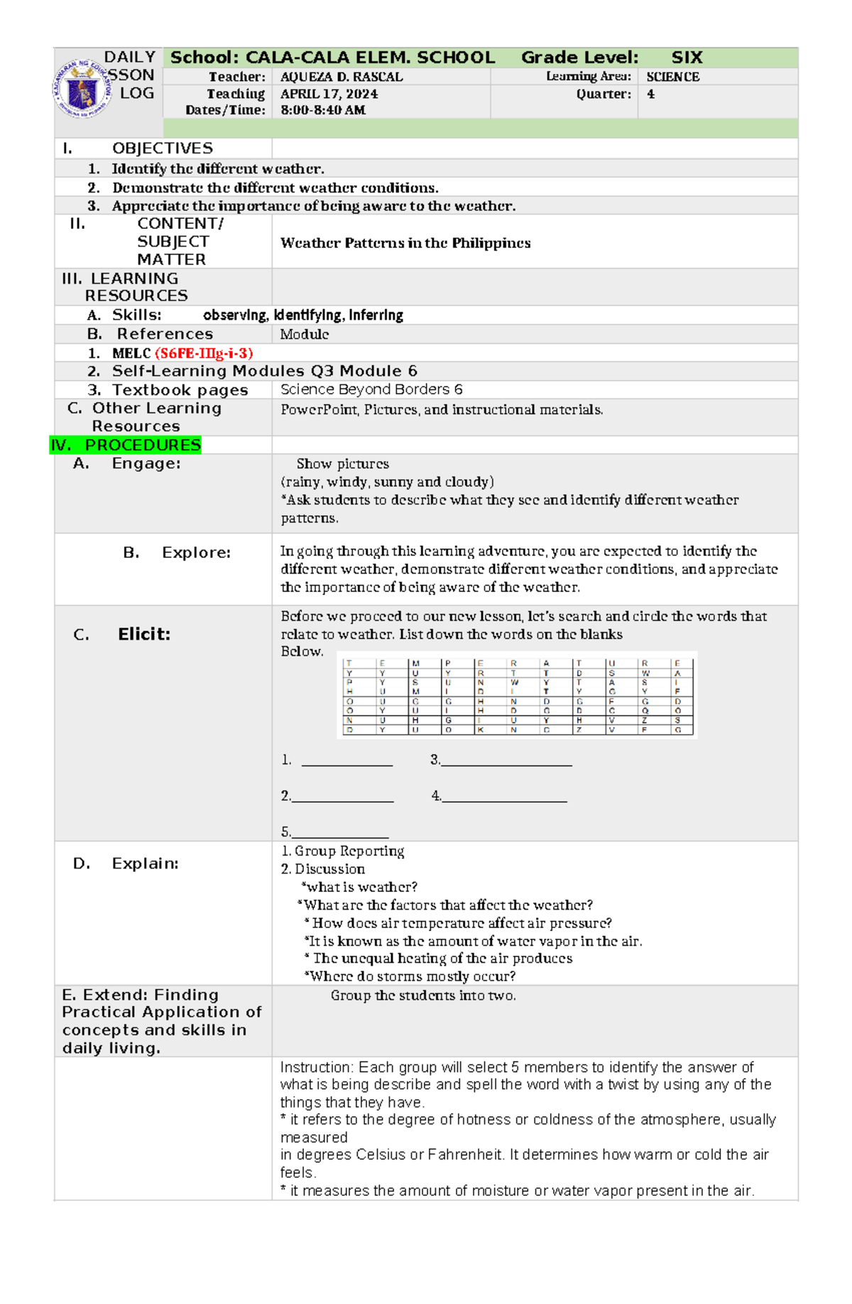 Science 6 lp tuesday edited - DAILY LESSON LOG School: CALA-CALA ELEM ...