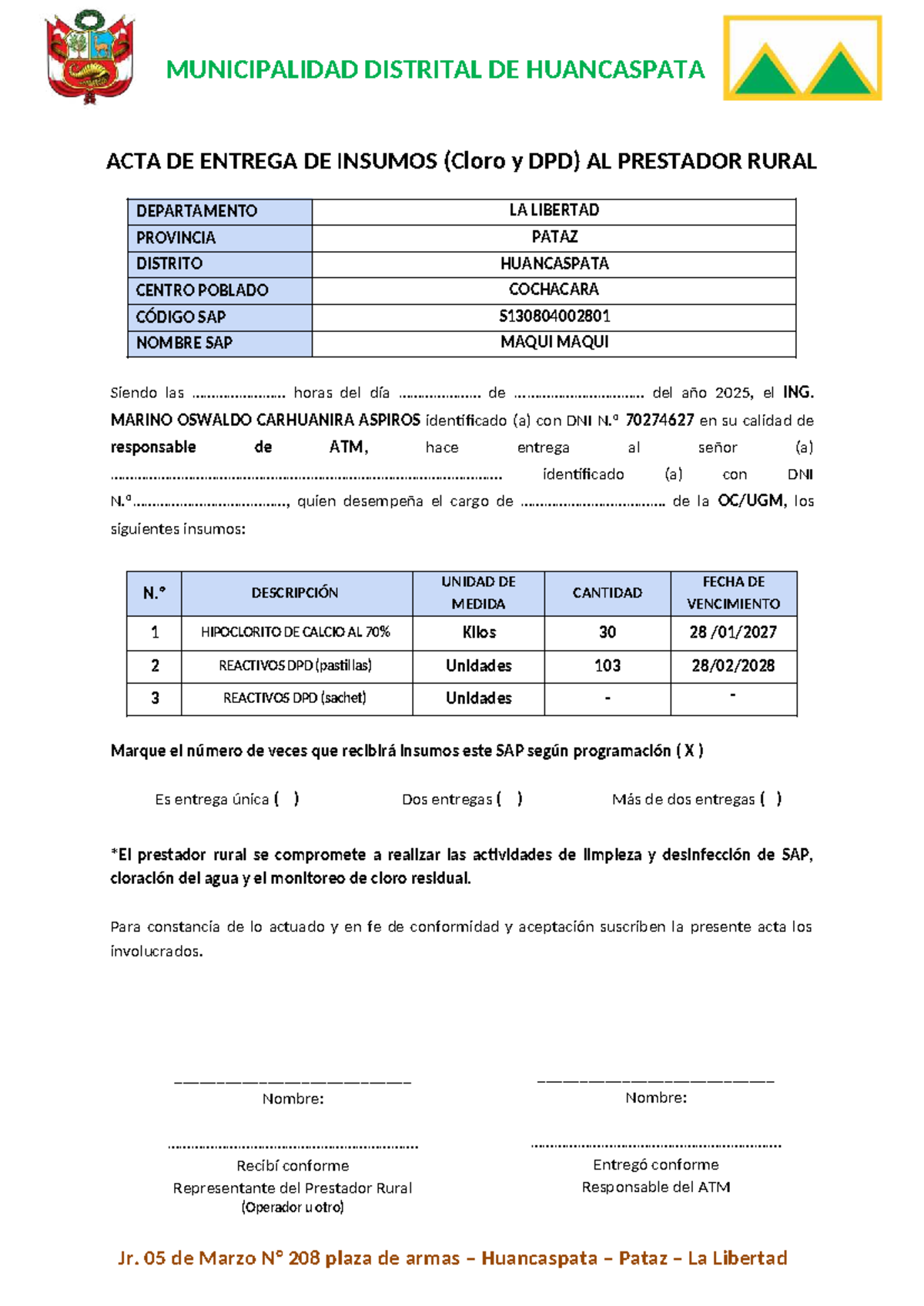 Acta de Entrega de Insumos (Cloro y DPD) - SAP S130804002801 - Studocu